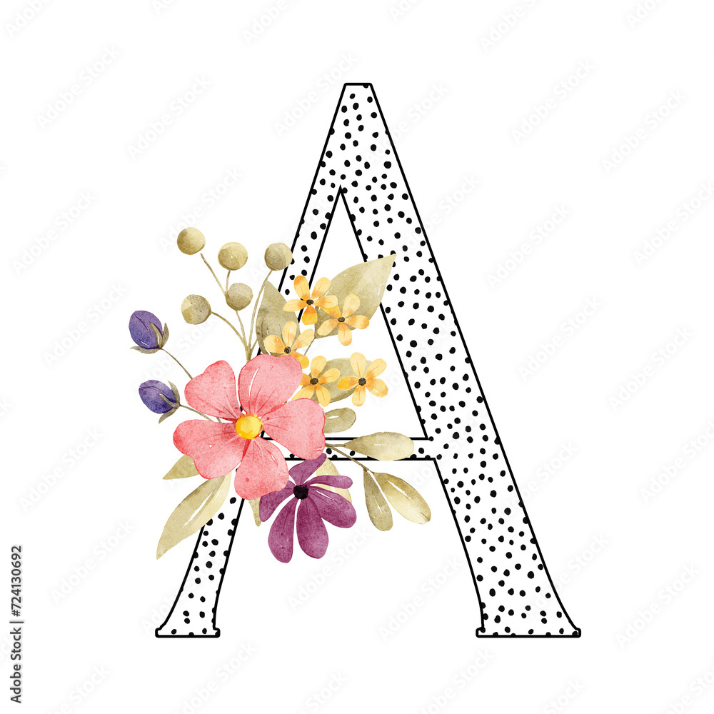 Letter A with watercolor flowers and leaf. Monogram initial, letterhead ...