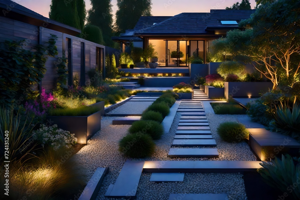 Modern gardening landscaping design details. Illuminated pathway in ...