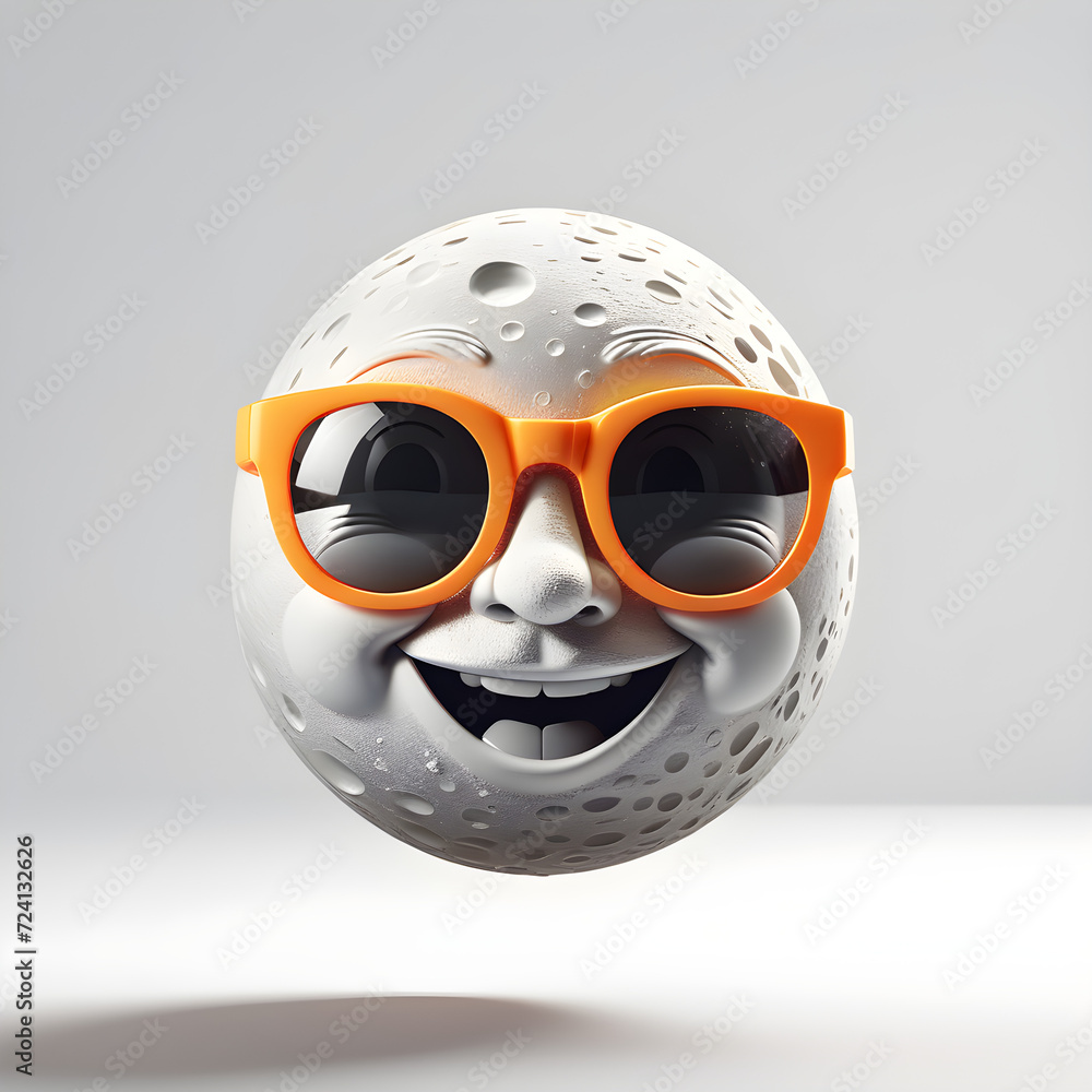 Ícone 3d - Lua cheia com rosto, usando óculos escuros, alegre e ...