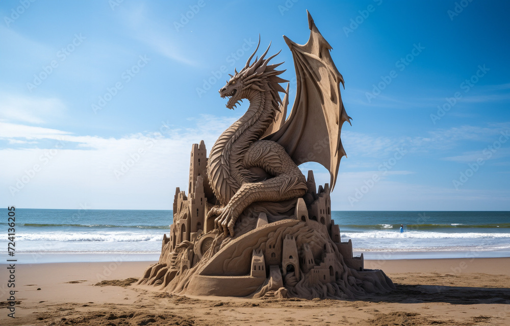 Sand sculpture on the beach with waves of a dragon with its wings ...