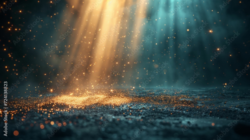 dramatic stage with intense beams of light cutting through the darkness ...