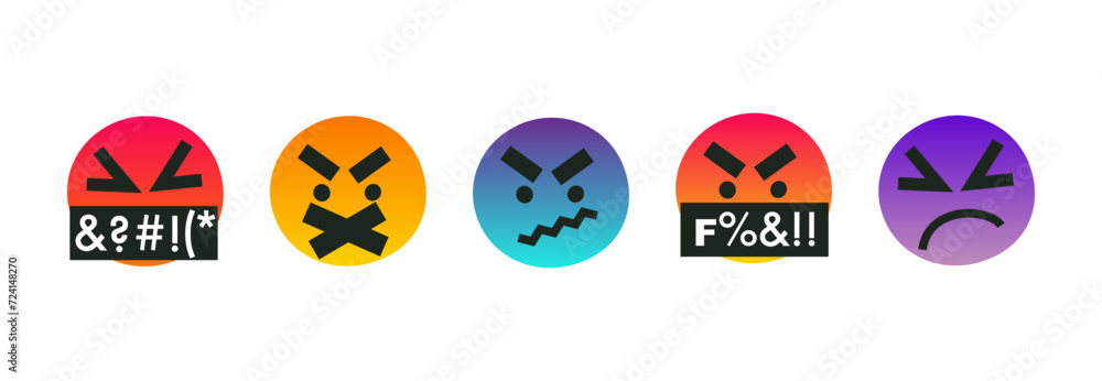 Swearing emoji icon collection. A set with vector angry faces, objects ...