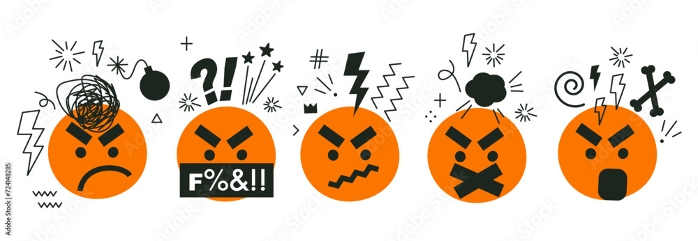 Swearing emoji icons set. A set with hand drawn vector angry faces ...