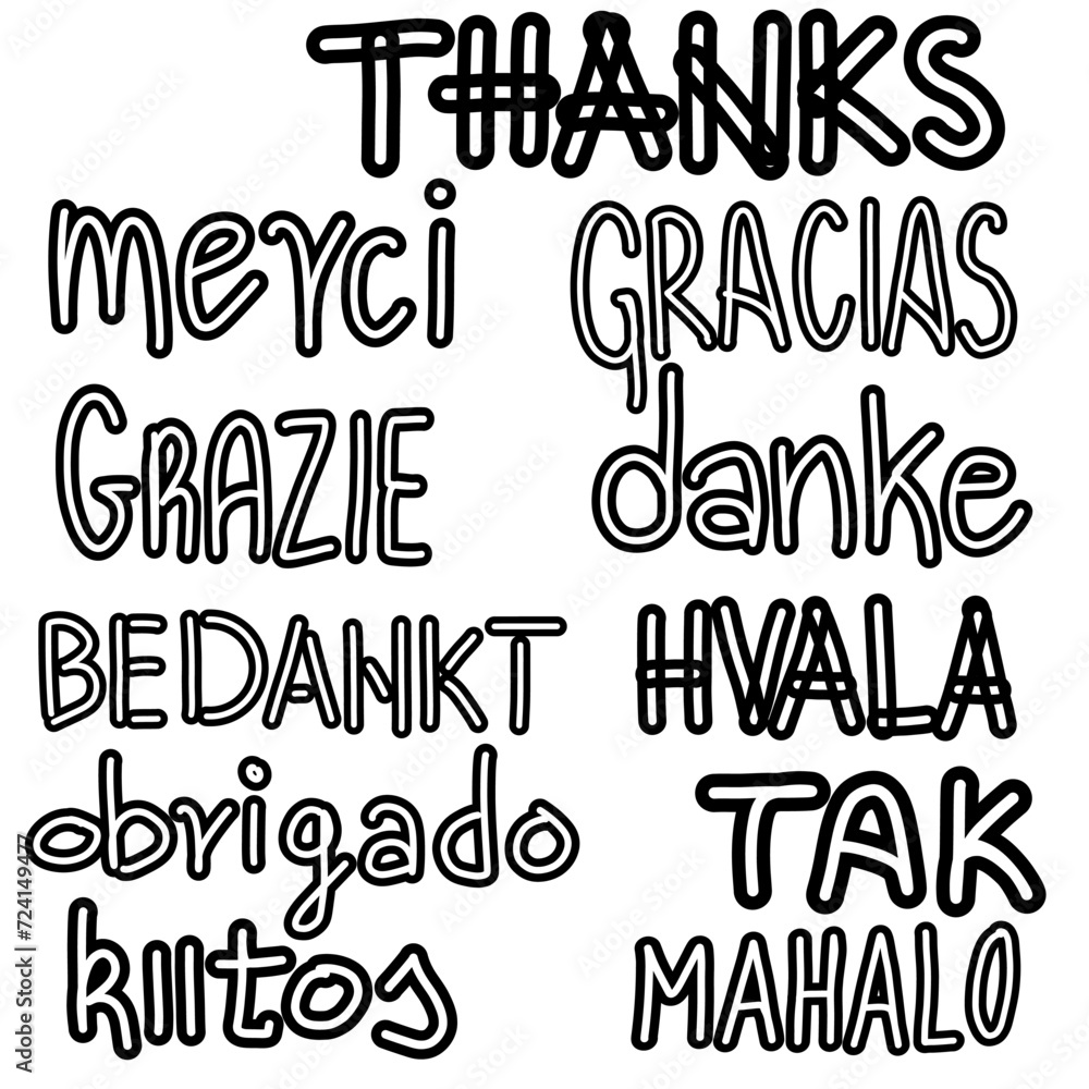 Word thanks hand written in many different languages, calligraphy ...