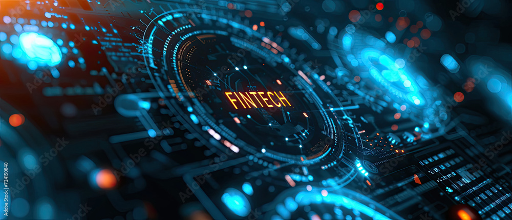 Fintech concept banner displayed on a virtual interface, financial ...