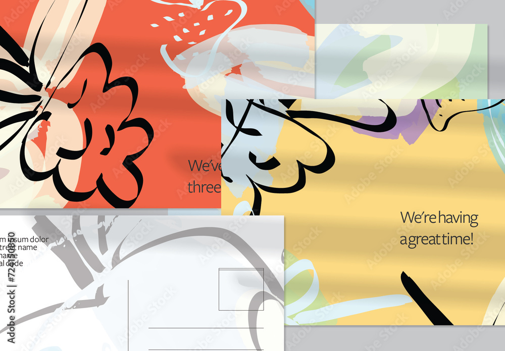 Postcard Layout with Hand Drawn Abstract Brush Strokes and Floral ...