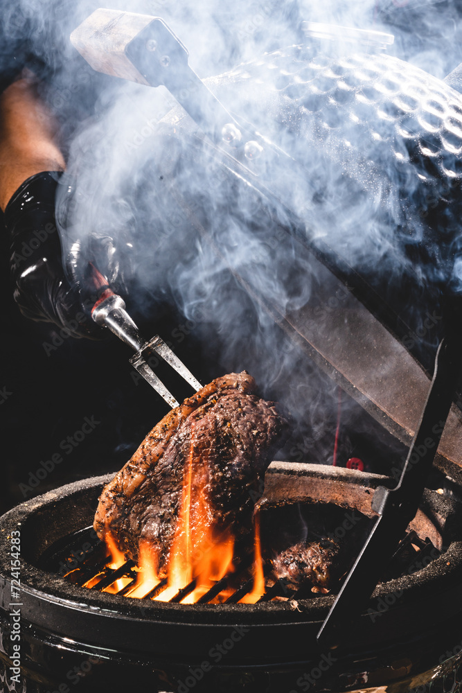 Variety of raw beef meat steaks for grilling with seasoning and ...