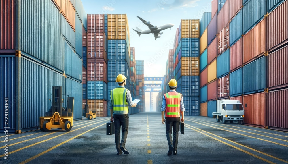 Logistics Coordination: Workers at the Container Terminal with Airplane ...