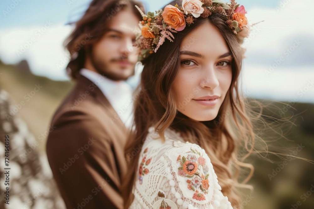 young bride with a flower crown and 70s style wedding dress with a ...
