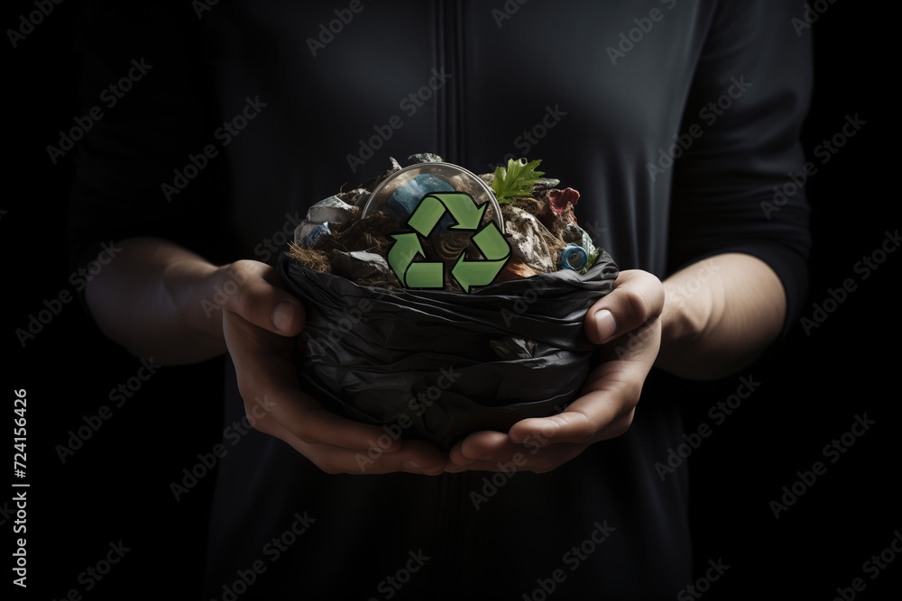 Person's hands presenting a black garbage bag with visible waste and a ...