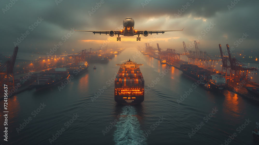Cargo plane flying over a container ship in an international import and ...