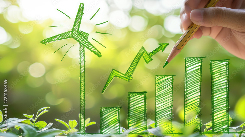 A hand sketches a green growth chart and a wind turbine on transparent ...