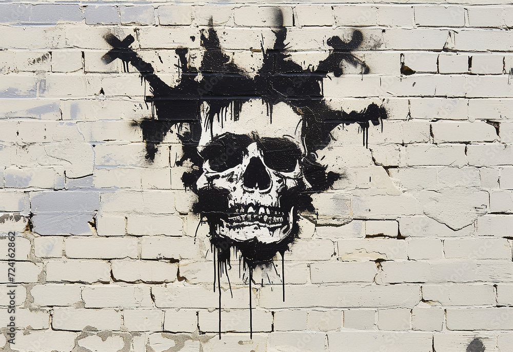 Graffiti of skull on brick wall. Skeleton of head in crown with spray ...