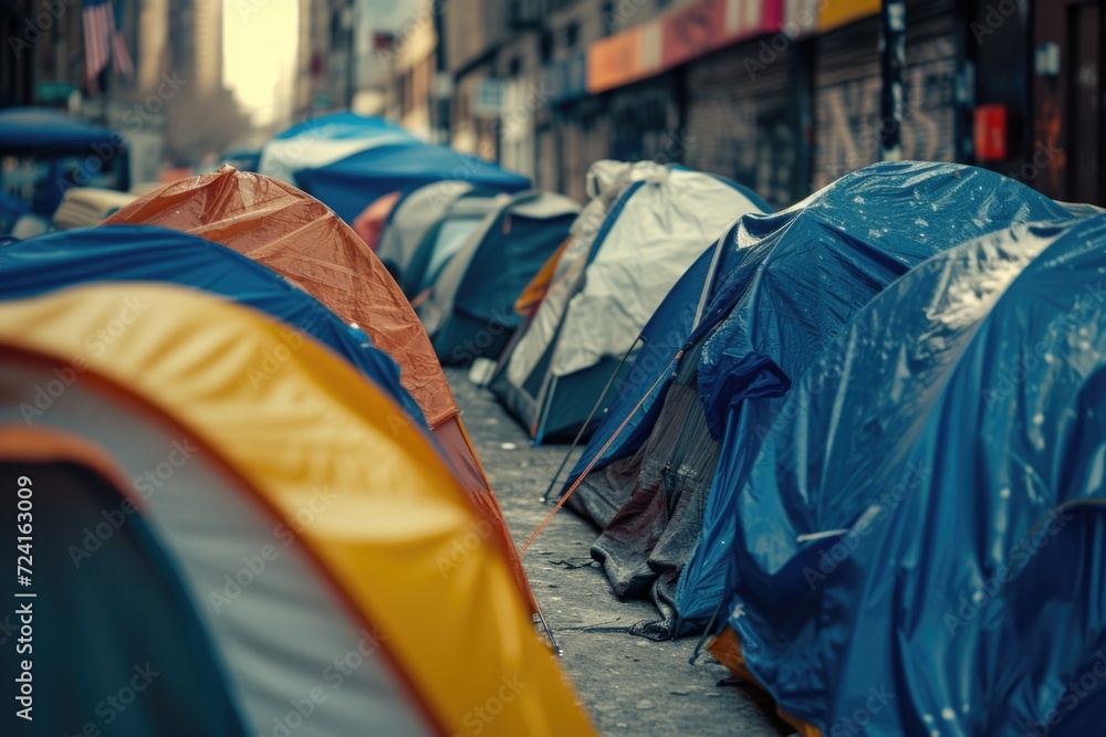 A row of tents set up on a city street. Can be used to depict ...