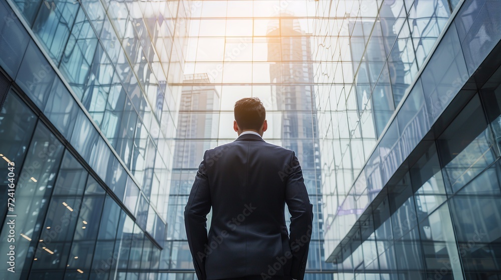 Back of businessman in suit with business office glass modern buildings ...