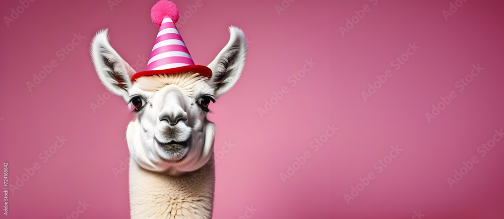 funny llama in a cap, April Fool's Day, on a pink background, banner ...