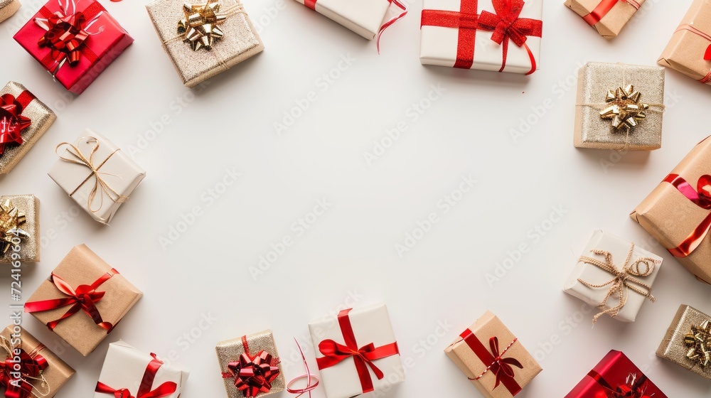 Top view photo of present boxes and gifts frame on isolated light ...