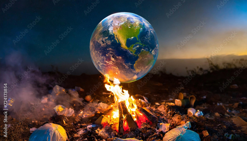 World globe over a fire on a garbage dump, symbol of excess and garbage ...