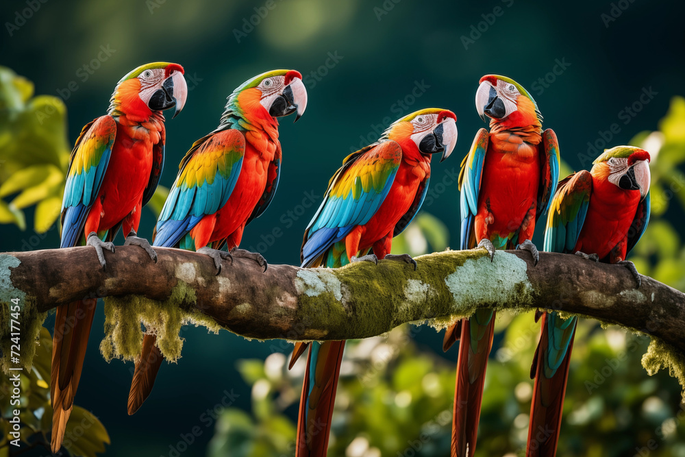 Macaw parrots. World Wildlife Day. Group of wild animals on nature ...