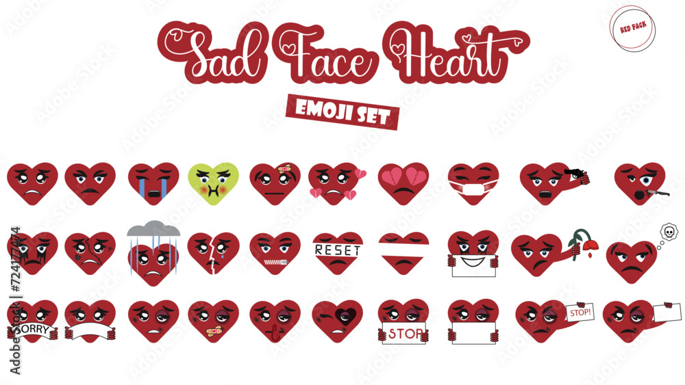 Set of emoji sad heart. Red heart collection isolated on white ...