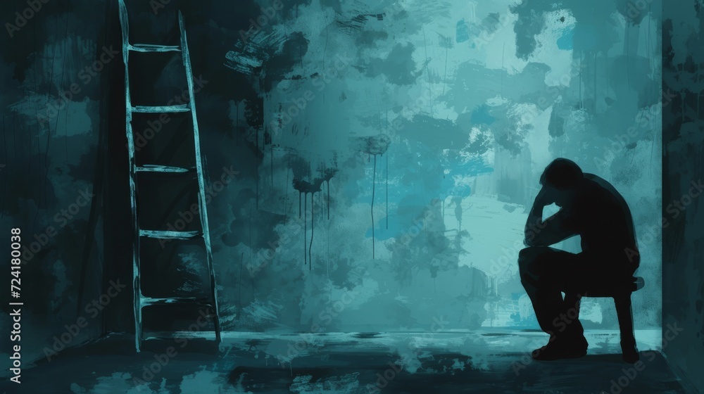 An emotional illustration depicting a lonely man in a room with a ...