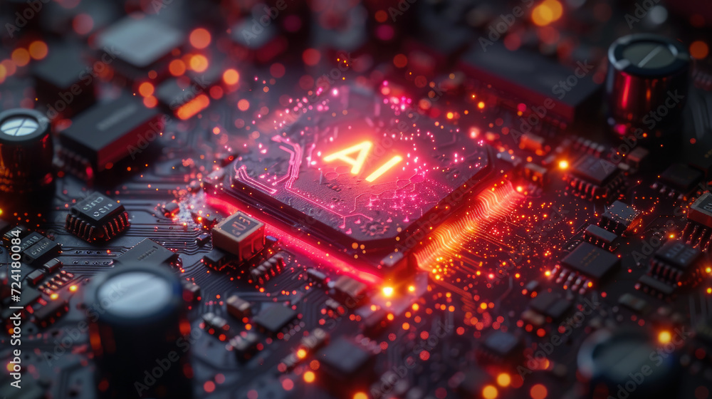AI chip glows with energy and power, futuristic red-hot processor of ...