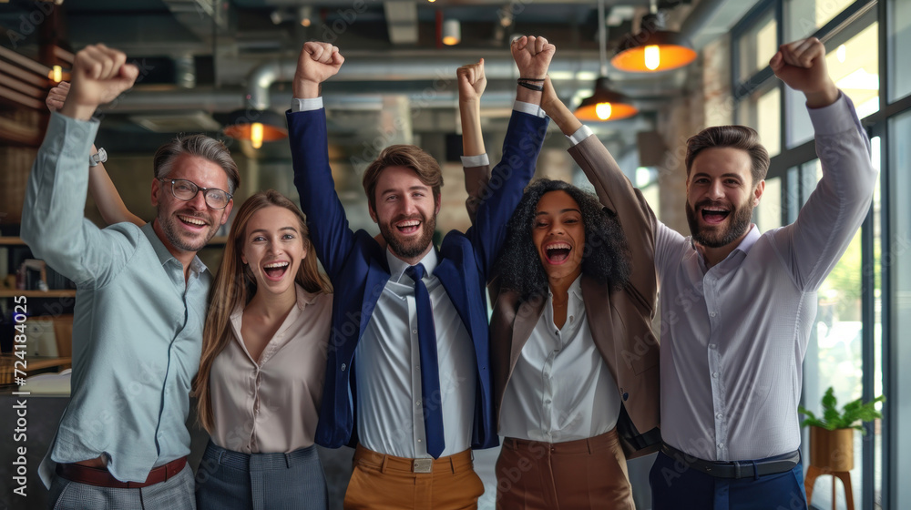Portrait of overjoyed young diverse employees workers show thumb up ...
