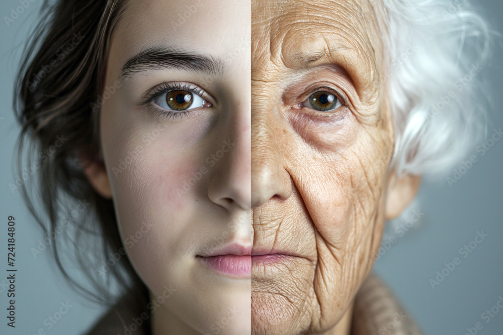 Comparison of young and aged female face, teenager and old woman. Aging ...