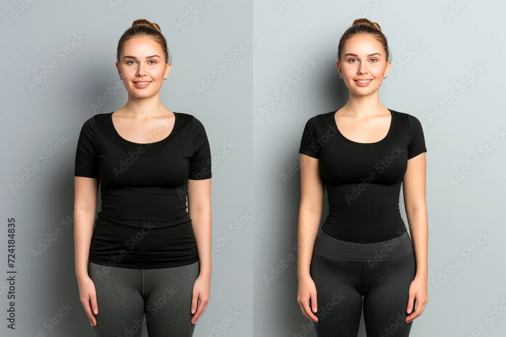 Woman posing before and after weight loss. Diet and healthy nutrition ...