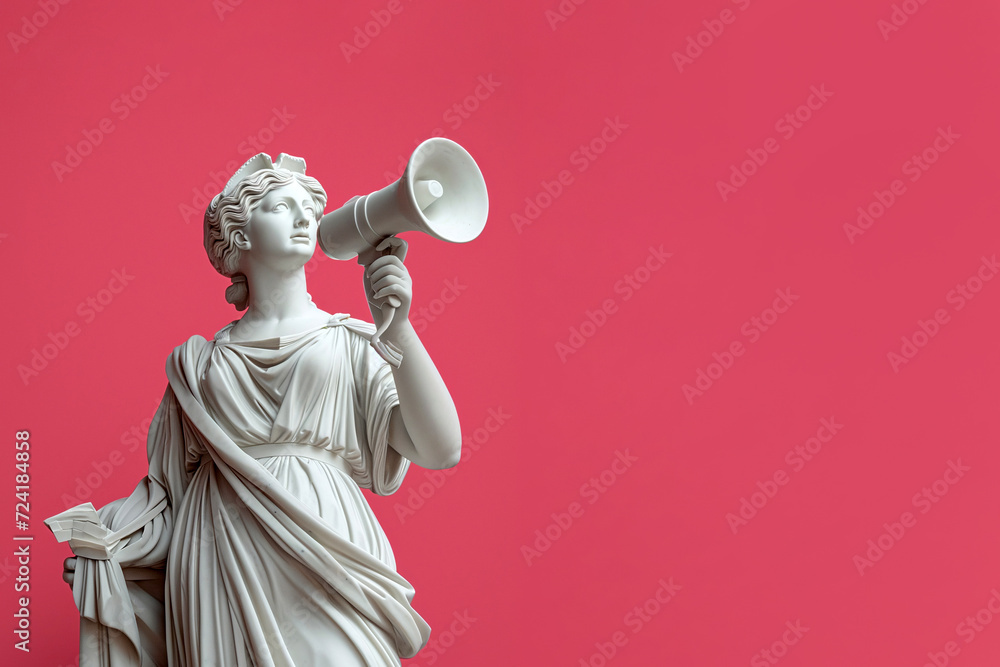 Greek statue holding loudspeaker screaming. Sculpture speaking loud in ...
