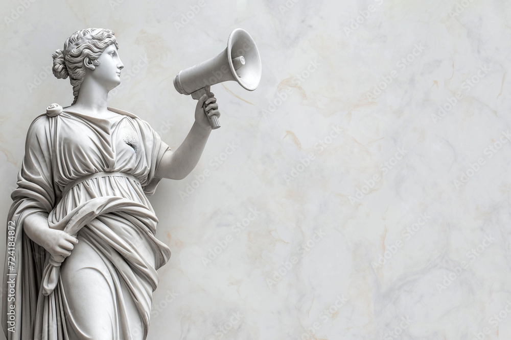 Greek statue holding loudspeaker screaming. Sculpture speaking loud in ...