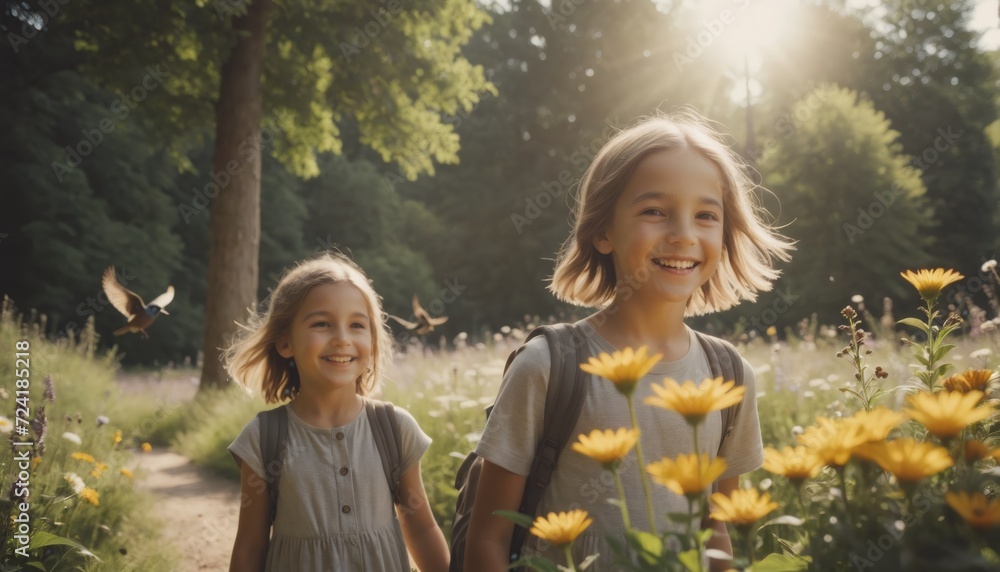 Happy children in their early teens enjoy nature, the forest and ...