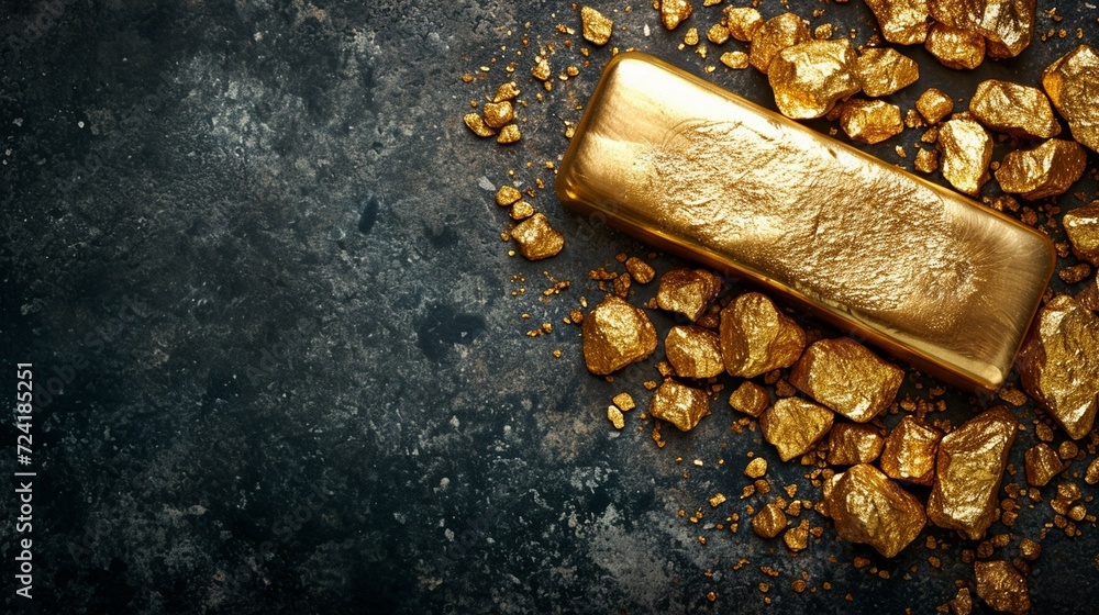 Shiny gold ingot on nuggets top view, shiny gold, shiny gold as a ...