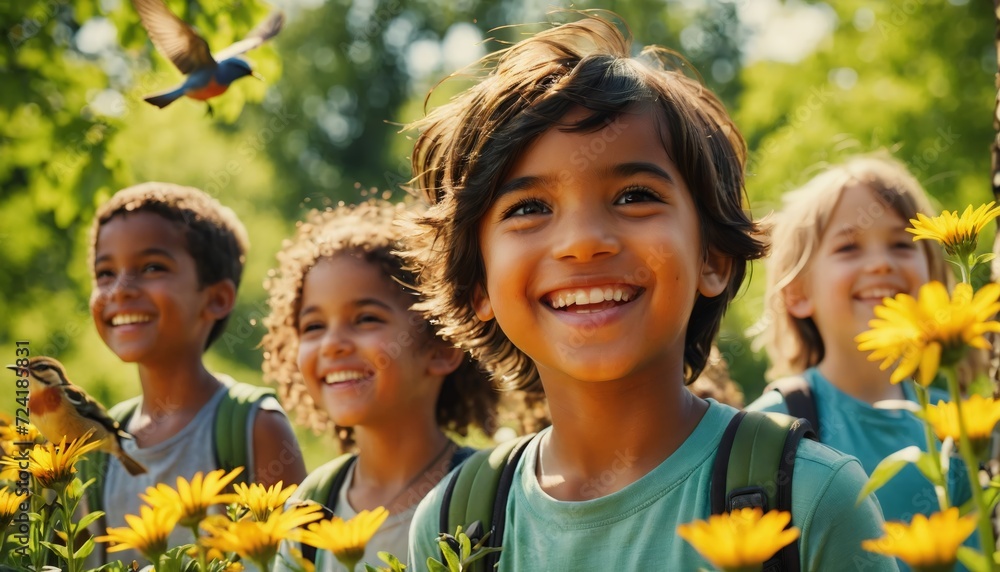 Happy children in their early teens enjoy nature, the forest and ...