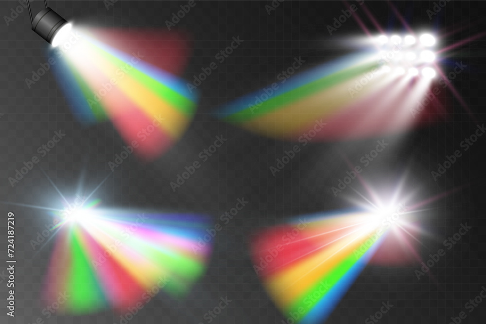 Rainbow spotlight. Light beams spectrum,vector lens flare effect. Magic ...