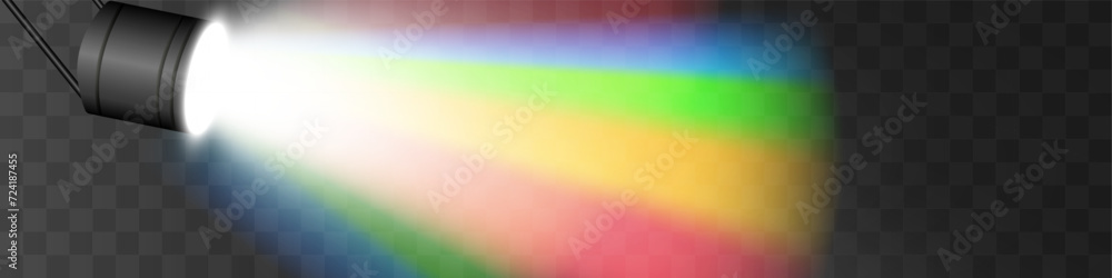 Rainbow spotlight. Light beams spectrum,vector lens flare effect. Magic ...