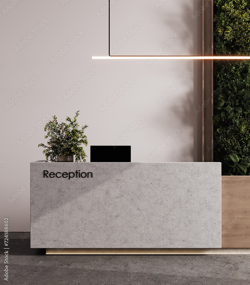 Concrete reception counter in modern room with light white walls. Blank ...