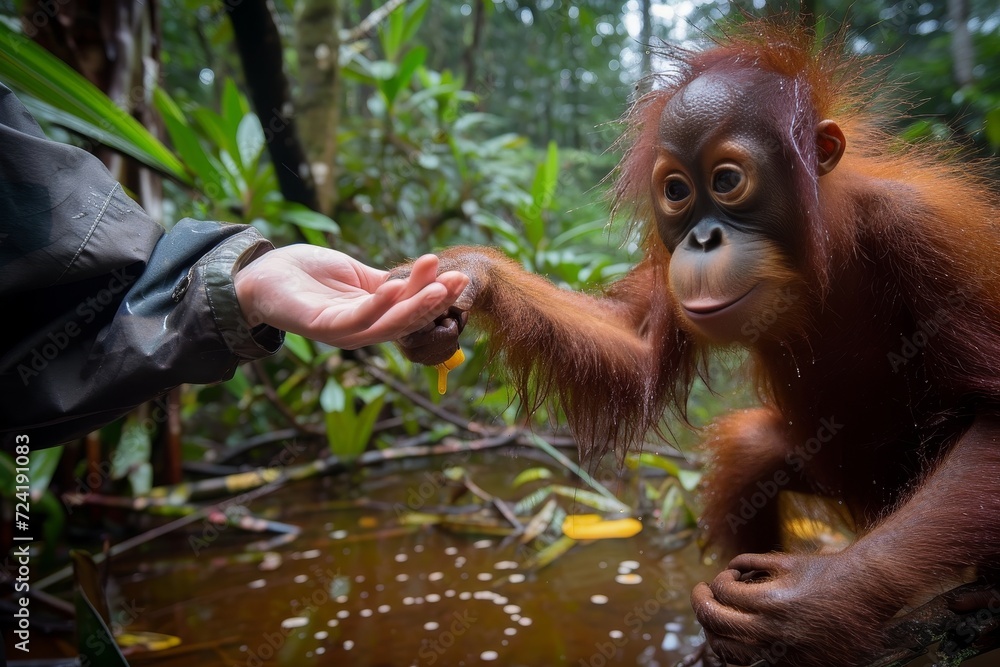 A compassionate individual extends a helping hand to a curious simian ...