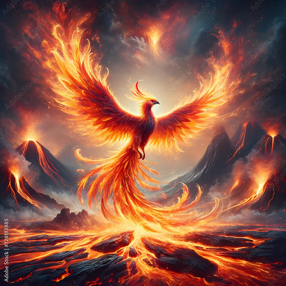 Burning phoenix bird rising from a volcanic landscape. Stock Photo ...