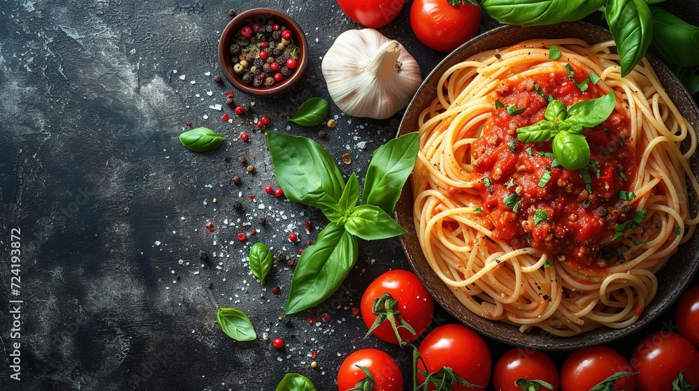 Food background. Italian food background with pasta, ravioli, tomatoes ...