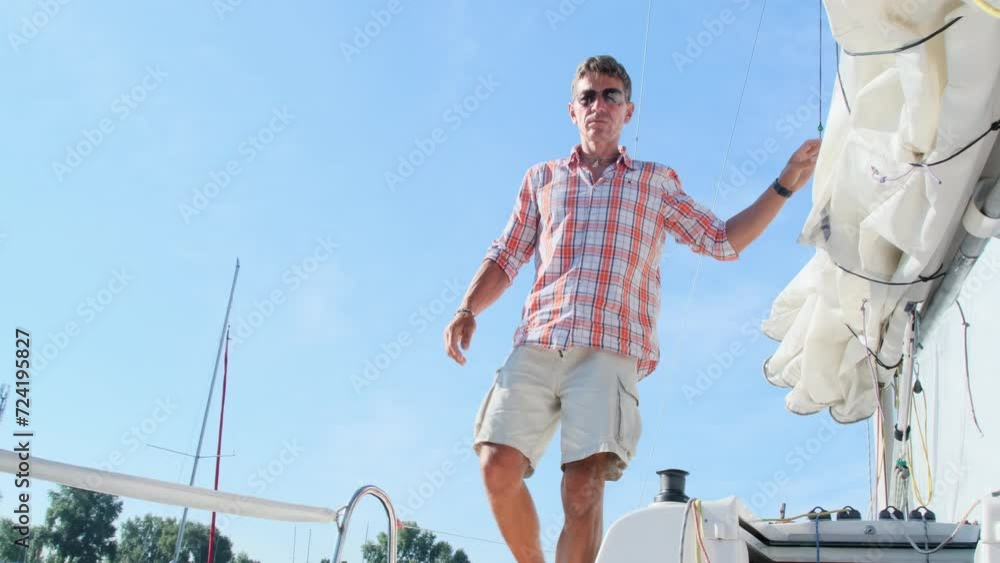 Yachtsman goes along sailboat deck conducting thorough inspection of ...