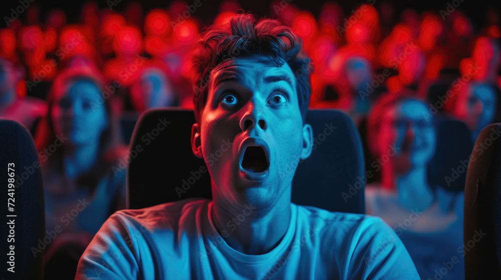 Shocked young man watching horror movie in the cinema. Red lights on ...
