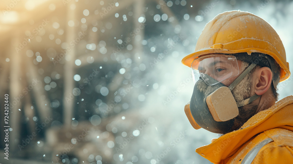 Professional construction worker wearing a high-grade dust mask ...