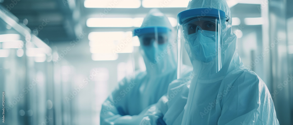 Medical staff in sterile cleanroom suits working diligently in a high ...