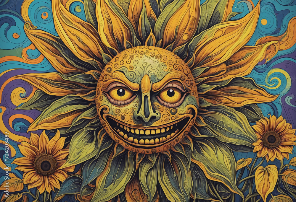 Psychedelic sunflower illustration with scary face. Abstract urban art ...