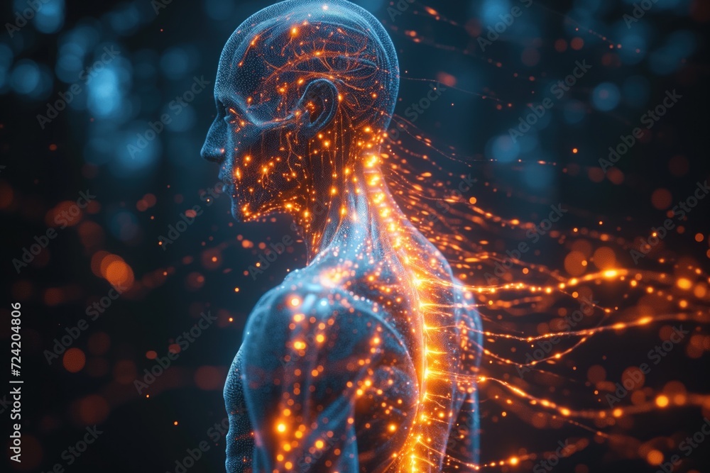 Nervous system and nerve endings running throughout the human body, in ...