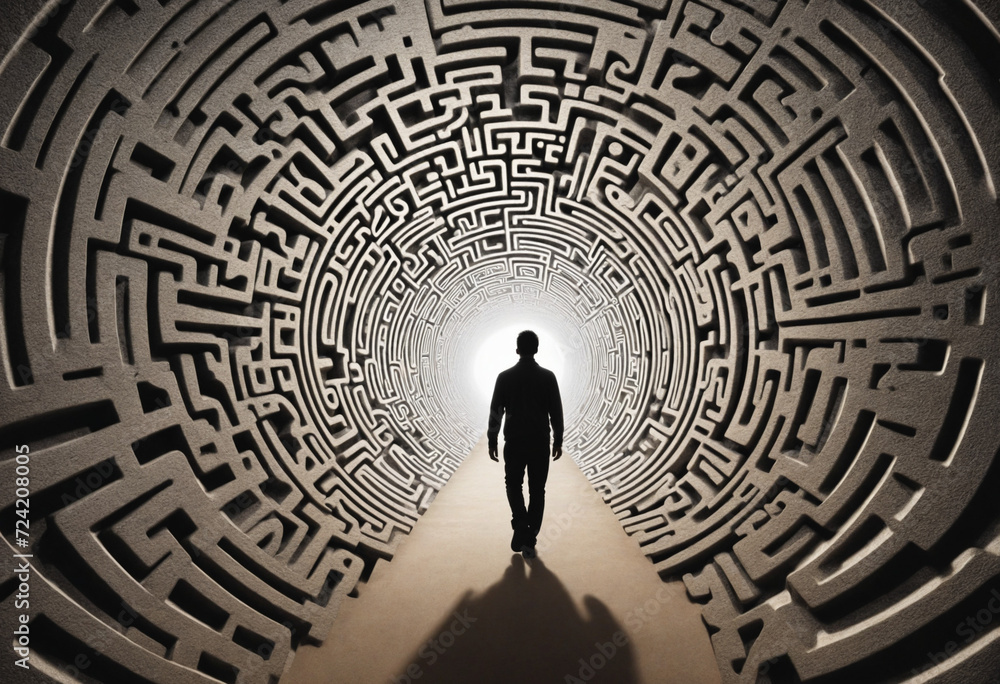 Person wanders in labyrinth of his consciousness. Man silhouette in ...