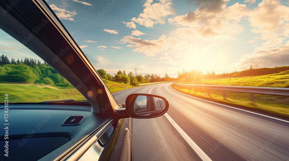 a car driving on the road, with the rearview mirror reflecting the ...
