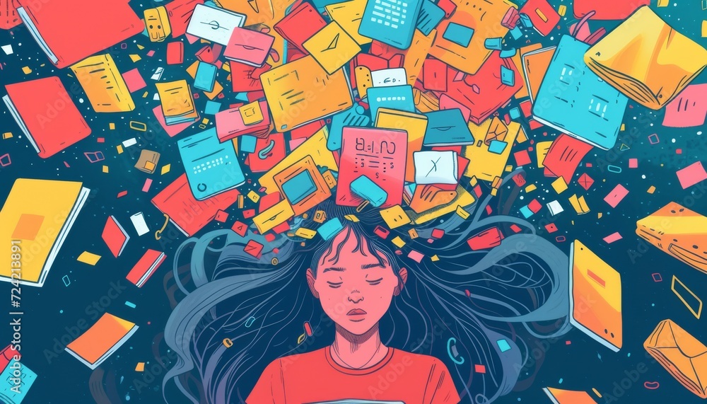 In this poignant image, a schoolgirl is depicted overwhelmed by ...