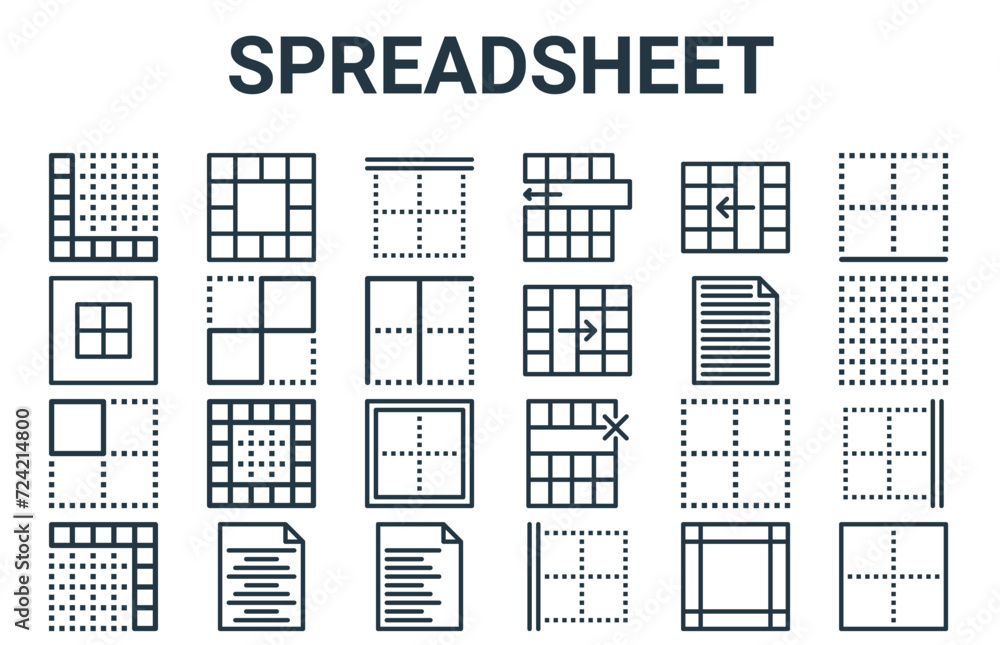 linear pack of spreadsheet line icons. simple web vector icons set such as border, block, file ...